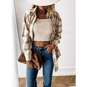 MISSACTIVER Women’s Flannel Plaid Shirts Oversized Long Sleeve Collared Boyfriend Plaid Blouse Shacket Top (Medium, Off-White)