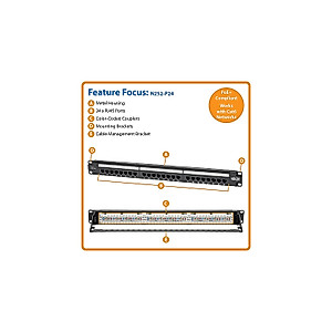Eaton Tripp Lite Cat6 24-Port PoE+ Patch Panel, RJ45 Ethernet, 1U Rackmount, EIA/TIA 568A/B Wiring Standards for 110 & Krone Terminations, (N252-P24), Black