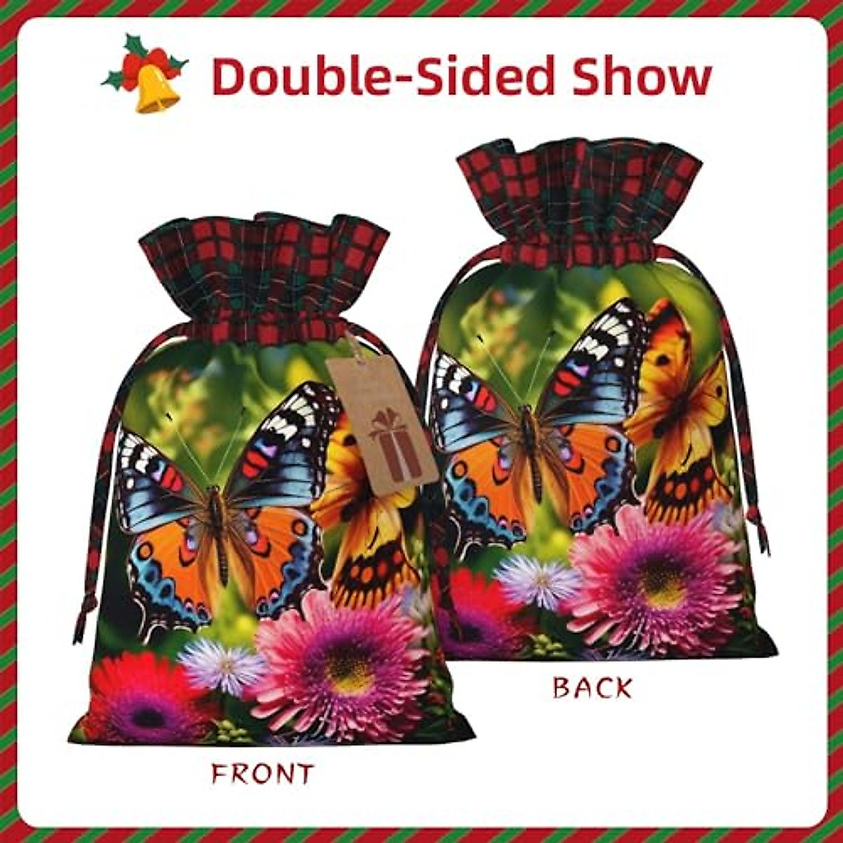 Christmas Gift Bags with Drawstring Burlap Gift Bags Butterfly and Floral Christmas Linen Bags for Xmas Party Candy Bags with Cards Xmas Reusable Wrapping Bags Christmas Linen Treat Bags for Holiday