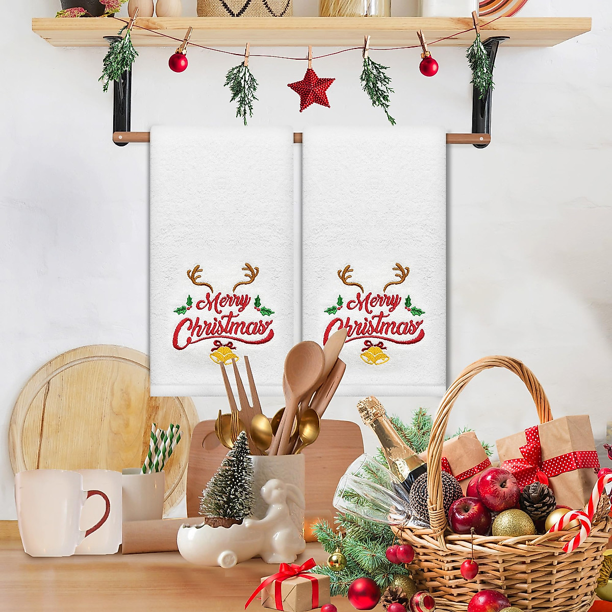 Christmas Hand Towels Cotton Embroidered Sets of 2 - Christmas Kitchen Towels Bathroom - Christmas Dish Towels Tea Dishcloths - Holiday Decorative Winter Xmas Tree Farmhouse Hostess Housewarming Gifts