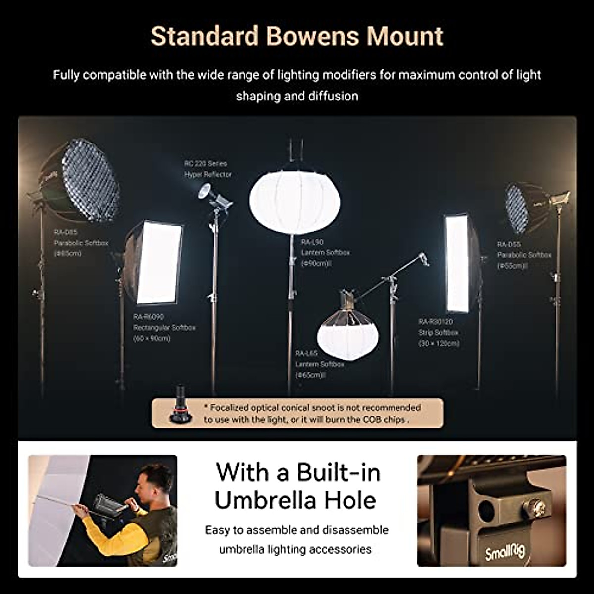 SmallRig RC 220D 220W LED Video Light 98700 LUX @3.3ft 5600K Continuous Output Light with CRI 95+, TLCI 96+, w/Bowens Mount, Manual and App Control Remotely Professional Studio Spotlight- 3472