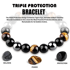 7 Chakra Yoga Meditation Bracelet Protection Bracelet , Double Layer Natural Gemstone Beads Bracelets，Tigers Eye Black Obsidian Hematite Black Agate Healing Crystal Bracelet,Feng Shui Handmade