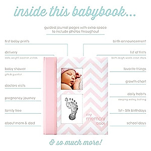 Pearhead First 5 Years Chevron Baby Memory Book With Clean-Touch Baby Safe Ink Pad To Make Baby's Hand Or Footprint Included, Newborn Milestone And Pregnancy Journal, Pink
