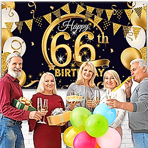 66th Birthday Party Decoration, Extra Large Fabric Black Gold Sign Poster for 66th Anniversary Photo Booth Backdrop Background Banner, 66th Birthday Party Supplies, 72.8 x 43.3 Inch
