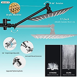 Rainfall Shower Head Combo, 12'' High Pressure Square Rain Shower with 6-Function Adjustable Spray Handheld with 13'' Extension Arm and 78'' Hose, Water Temperature Reminder, Matte Black, AWAXFOLO