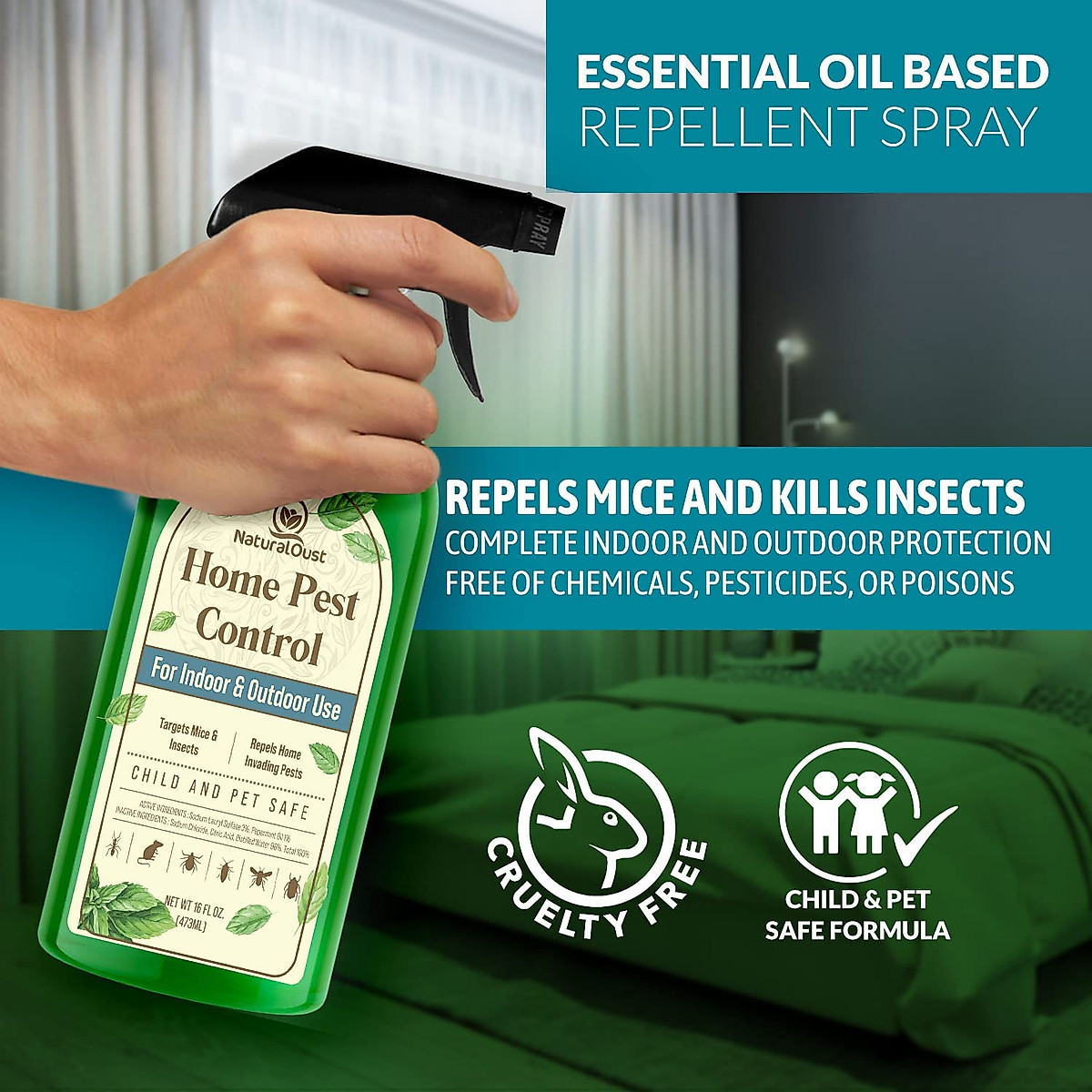 NATURAL OUST Peppermint Oil Mouse Repellent Spray - Roach Ant Spider Bug Insect Killer - Eco Friendly Pest Control to Repel Mice - Humane Repeller Alternative to Trap