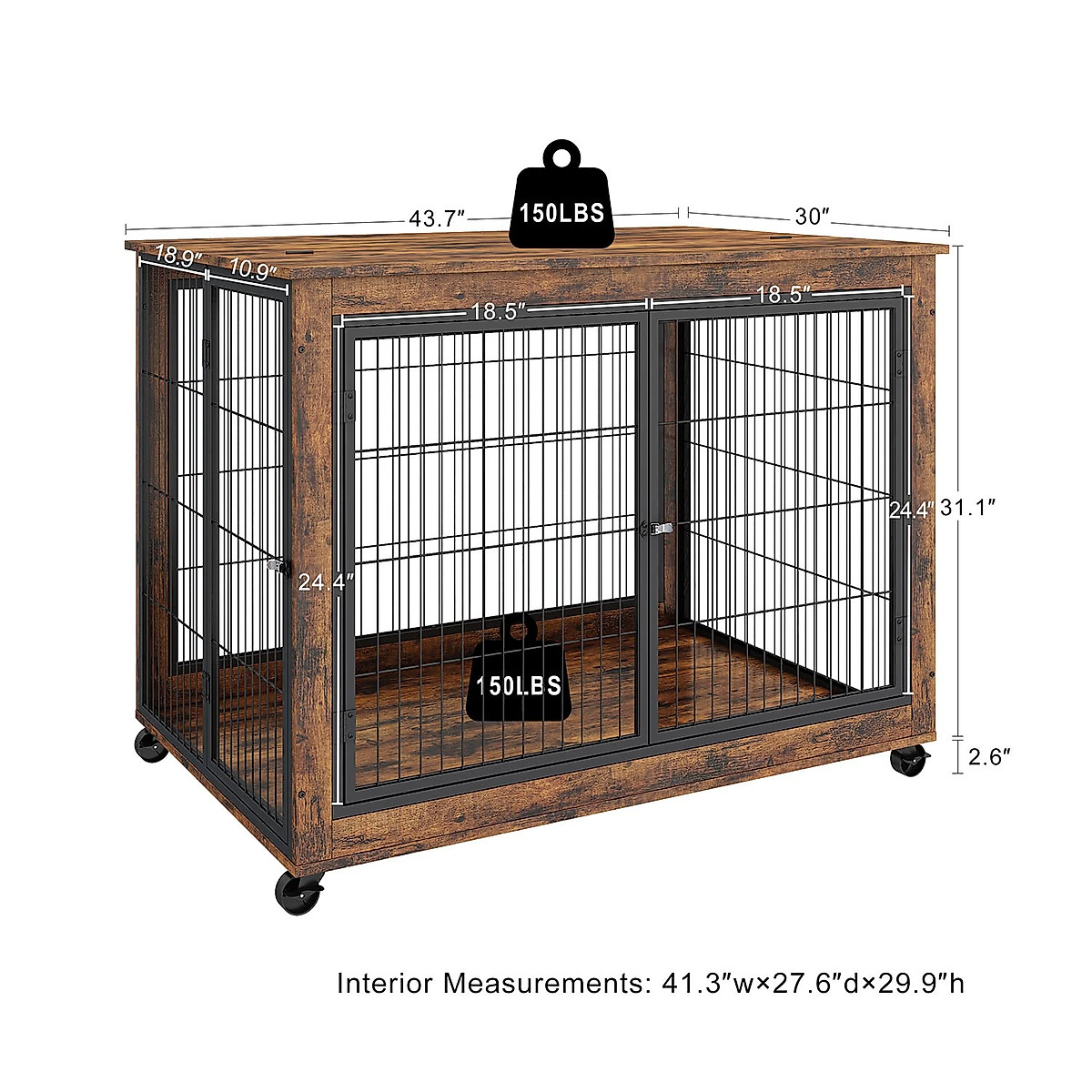 IchbinGo Dog Crate Furniture, Wooden Dog Crate Table, 43.7" Dog Kennel with 3 Doors, Flip-up Top Opening and Wheels, Decorative Pet Crate House for Large/Medium/Small Dog Indoor Use (Rustic Brown)