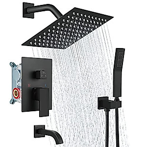 Aolemi Rainfall Shower System 8 Inch Matte Black Shower Head Combo Set with Tub Filler Handheld Shower Luxury Rough-in Valve Included Wall Mount Bathroom Shower Mixer Faucet