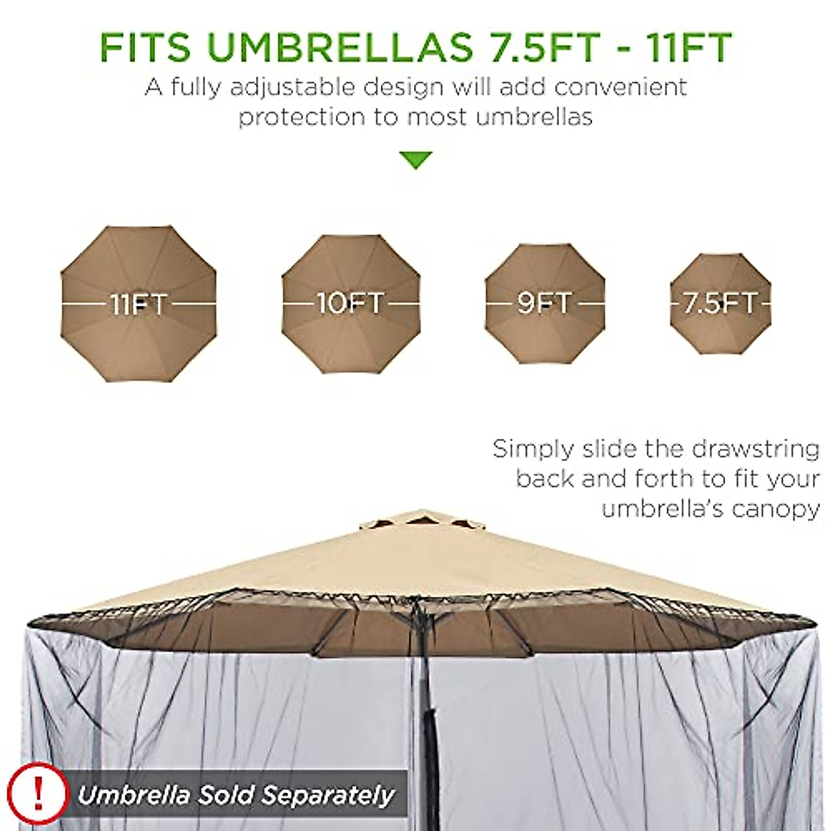 Best Choice Products 9ft Adjustable Mosquito Net for Umbrellas 7.5-11ft, Bug Screen Patio Umbrella Accessory for Outdoor Market Offset Cantilever w/Polyester Mesh Net, Zipper Door, Fillable Base