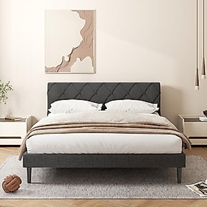 ZIEUNS Queen Size Bed Frame, Upholstered Platform Bed Frame with Button Tufted Headboard, Mattress Foundation, Wooden Slats Support, No Box Spring Needed, Super Easy Assembly, Dark Grey