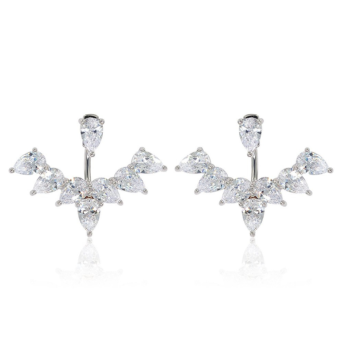 Marquise & Round Brilliant Cubic Zirconia Floral Front Back Jacket Earrings Plated in White Gold