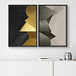 SIGNWIN Framed Canvas Print Wall Art Set Geometric Nordic Gold Gray Mid-Century Polygons Abstract Shapes Illustrations Minimal Decorative Bohemian for Living Room, Bedroom, Office - 16"x24"x2 Black