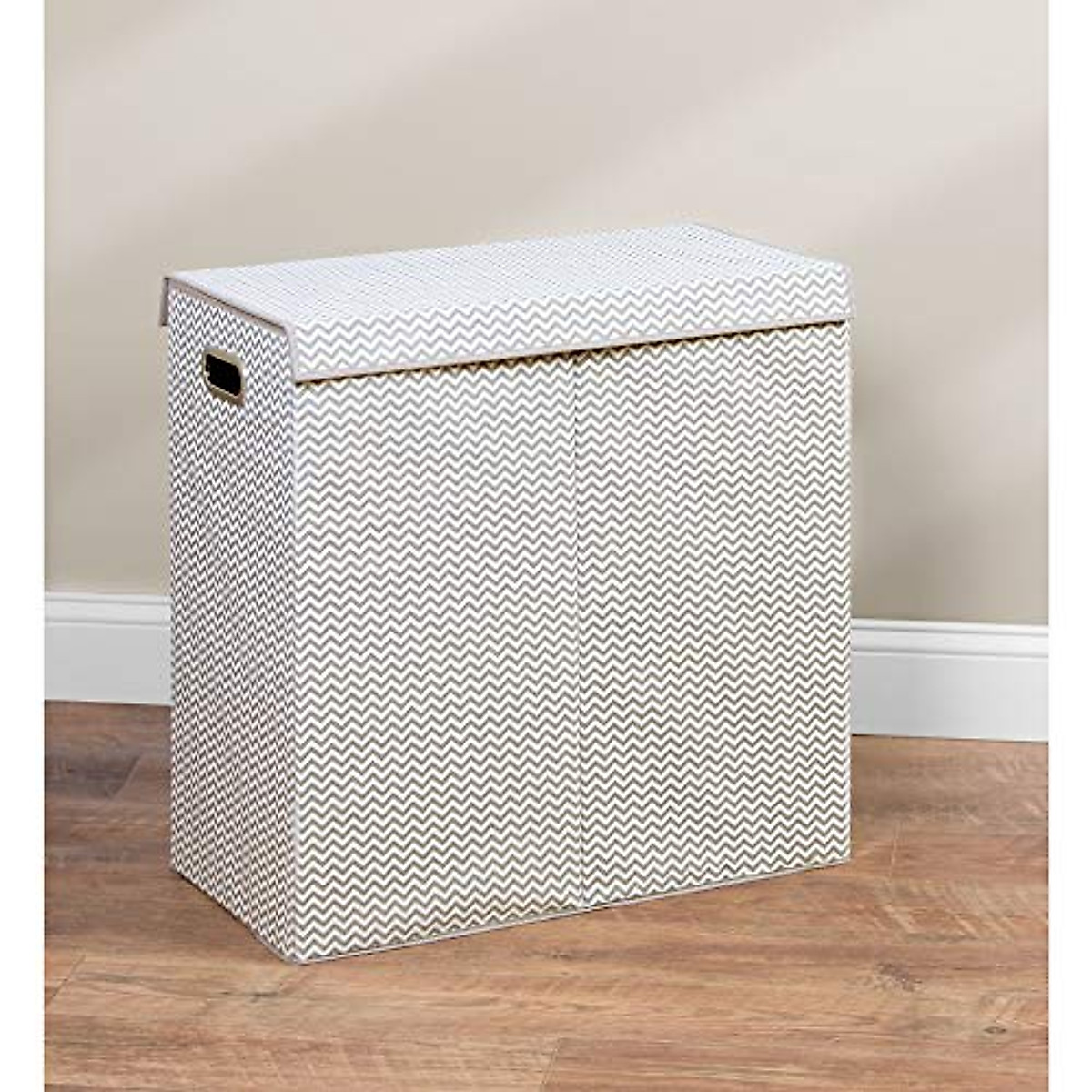 iDesign Axis Fabric Double Folding Laundry Clothes Hamper Bin with Handles and Lid, Basket for Bedroom, College Dorm, 24" x 12" x 25", Taupe