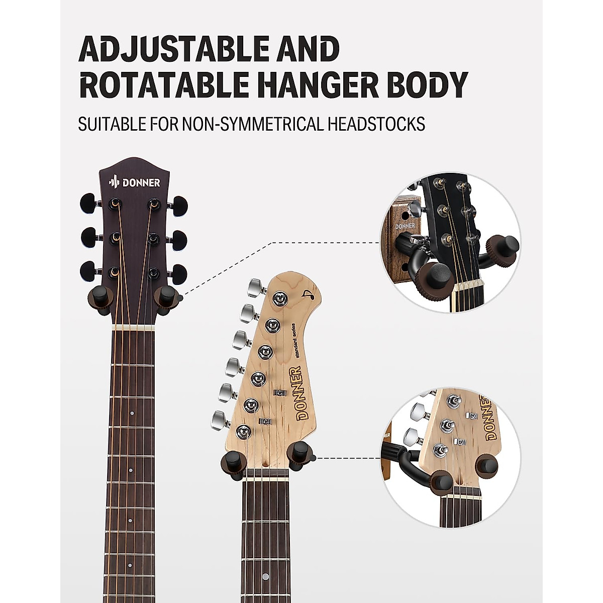 Donner Guitar Wall Mount Hanger 6-Pack, Black Walnut Guitar Wall Holder for Acoustic Electric Guitars, Bass, Folk Ukulele, Violin, Mandolin Banjo and String Instruments