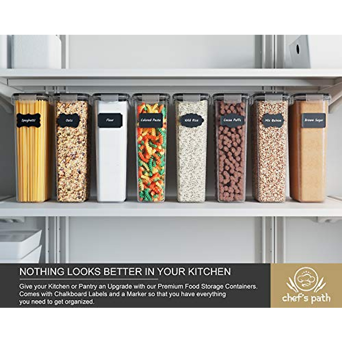 Chef's Path Airtight Food Storage Containers (Set of 4, 2.8L) - Tall Pasta Storage Containers for Pantry & Kitchen Organization, Spaghetti, Noodles, Cereal - Lids, Noodle Measure and Reusable Labels Included