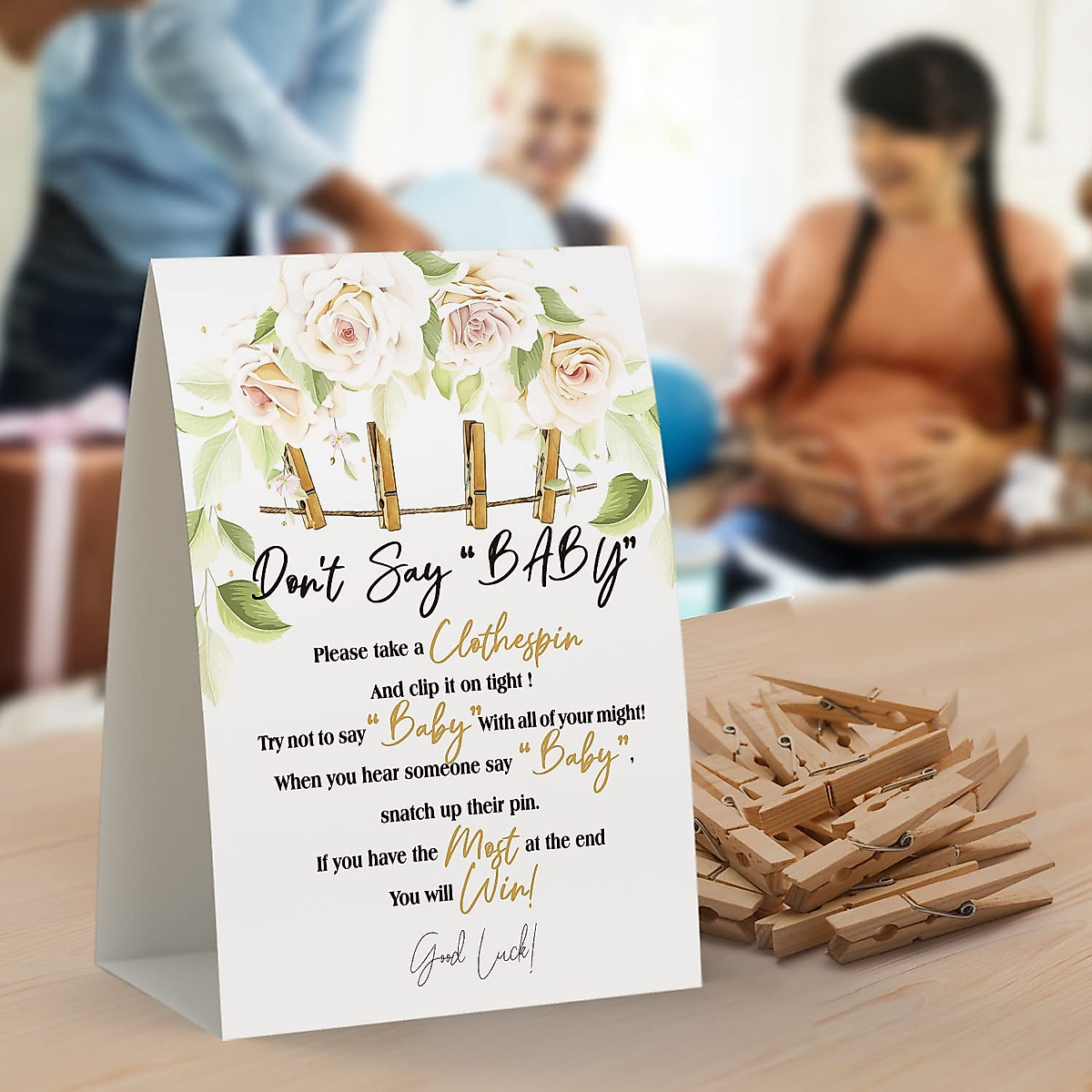 Don't Say Baby Sign, Baby Shower Clothespin Game, Includes a 5x7 Standing Sign and 50 Mini Natural Clothespins - Toctose055