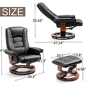 AVAWING Recliner Chair with Ottoman Adjustable Swivel Chair with Footrest 360° Swivel PU Leather Reclining Chair with Footrest for Living Room Recliner and Ottoman with Wood Base, Black
