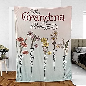 This Grandma Belongs to Personalized Blanket, Custom Birth Month Flower with Kids Ideas for Mom Grandma Mimi Nana, Made from Fleece Sherpa, 30x40 50x60 60x80 Inches