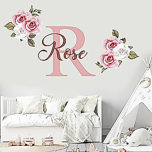 waldo Name and Initial Peonies Wall Decal - Kids Wall Decor - WM131. Custom Name Removable Nursery Wall Decal for Girl - Flower Mural Wall Decal for Girls Bedroom