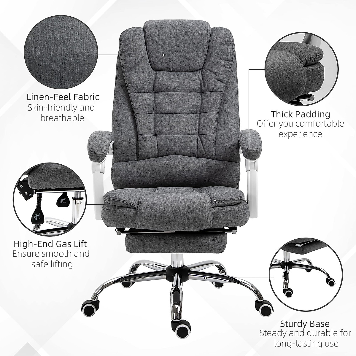 Vinsetto High-Back Executive Office Chair with Footrest, Linen-Fabric Computer Chair with Padded Armrests, Ergonomic Office Chair, Gray
