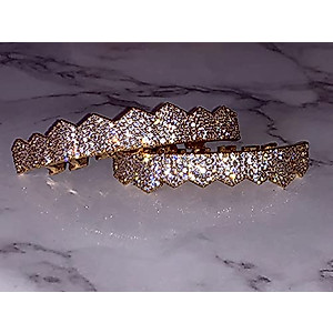 Shop-iGold 14k Gold Plated Iced Out Bling Gold Grillz for Mouth Top Bottom Hip Hop , 8 Teeth Grills for Teeth Mouth Set