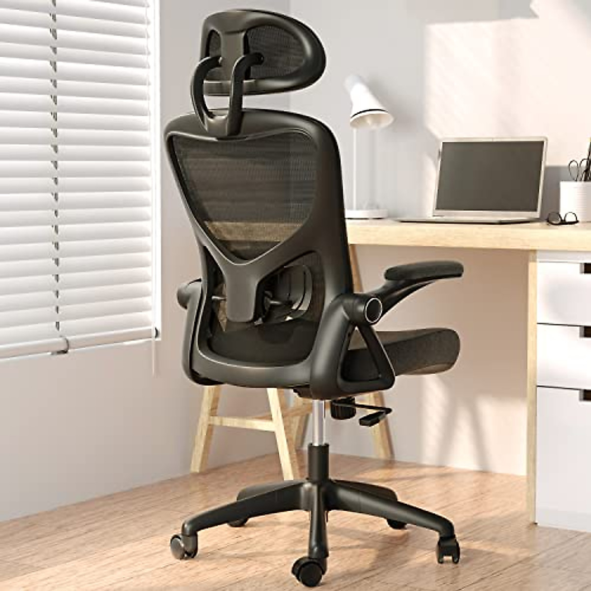 Ergonomic Mesh Office Chair with Adjustable Headrest & Lumbar Support, Flip-Up Armrest, Tilt Function for Heavy Duty, Black
