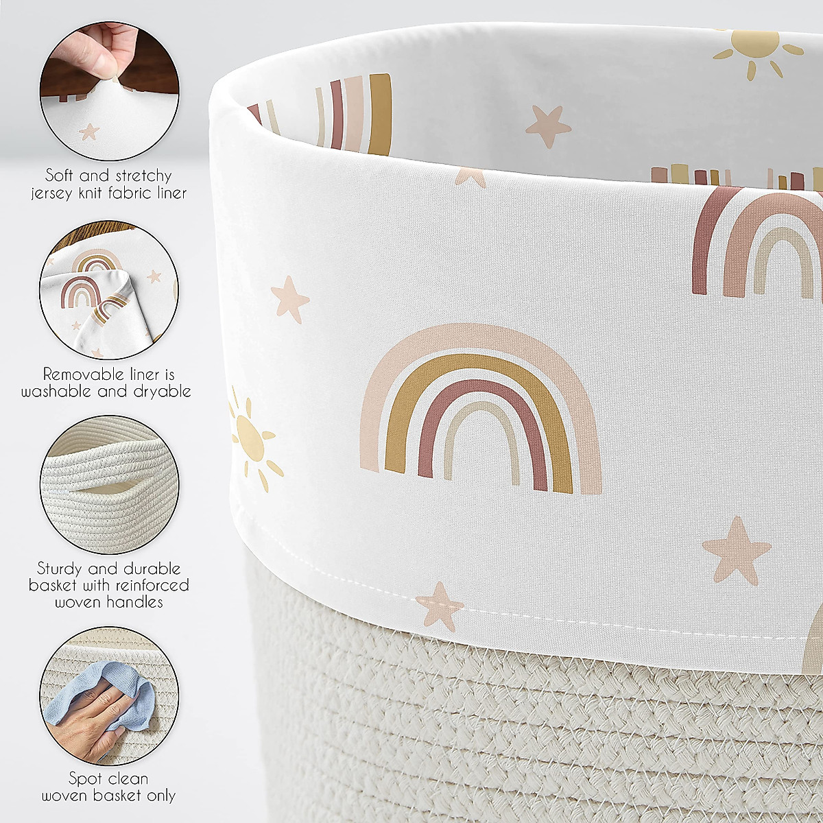 Sweet Jojo Designs Boho Rainbow Girl Woven Laundry Basket Hamper Cotton Rope Storage Bin Dirty Clothes Toys Closet Organizer Removeable Liner Blush Pink Yellow Tan Bohemian Modern Vintage Gold Neutral