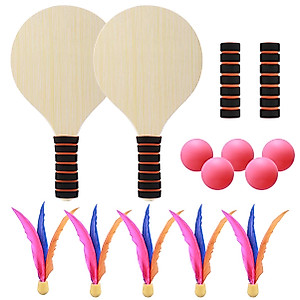 SEWACC Paddle Ball Game Beach Tennis 2 Wooden Racket with 5 Birdies 5 Balls 2 Handles Racquet for All Ages