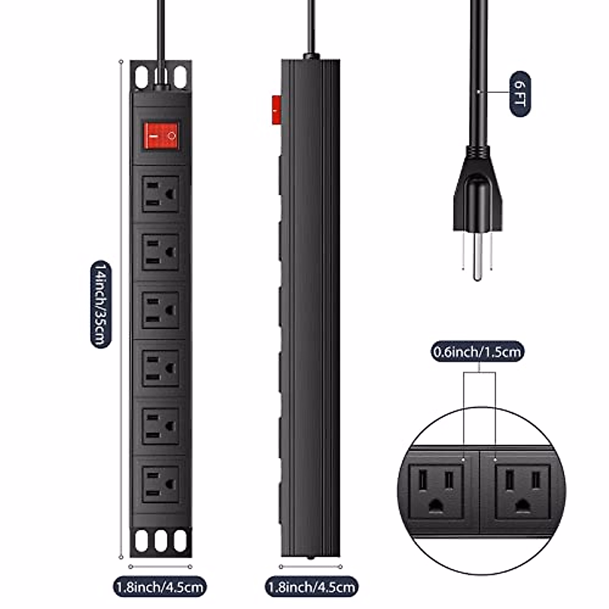 XBA 6 Outlets Mountable Power Strip with Switch, Long Power Strip with 6 Ft Extension Cord Heavy Duty Wide Space Wall Mount Power Strip for Home, Office, Industrial, Workshop, 15A 125V 1875W, Black