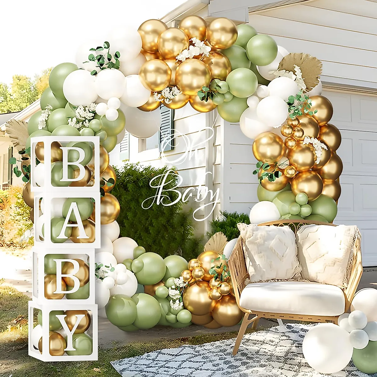 Baby Shower Decorations for Boy Girl - 183pcs Sage Green Balloon Arch Kit and Baby Boxes with Letters for Baby Shower Birthday Jungle Safari Dinosaur Party Supplies