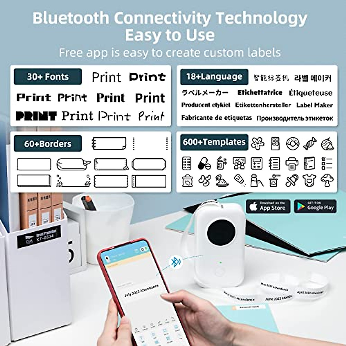 Memoqueen D30 Label Maker Machine with Tape - Bluetooth thermal Portable Mini Label Printer Labeler Sticker Maker Compatible with Phomemo D30 iOS&Android for home office organization,White