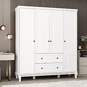 ECACAD Wide Wardrobe Armoire with 4 Doors, Shelves, 2 Drawers, 2 Hanging Rods and 7 Compartments, Wooden Closet Storage Cabinet for Bedroom, White (63”W x 18.9”D x 71.3”H)