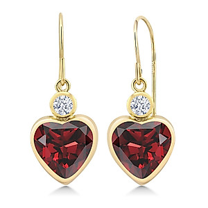 Gem Stone King 14K Yellow Gold Red Garnet and White Zirconia Earrings For Women (4.22 Cttw, Gemstone January Birthstone, Heart Shape 8MM and, Round 3MM)