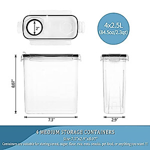 Cereal Containers Storage, Airtight Food Storage Container with Lid of 4 [2.5L/85.4oz] for Kitchen & Pantry Organization, BPA-Free Clear Plastic Canister Great for Snacks, Sugar, 20 Lables & Marker