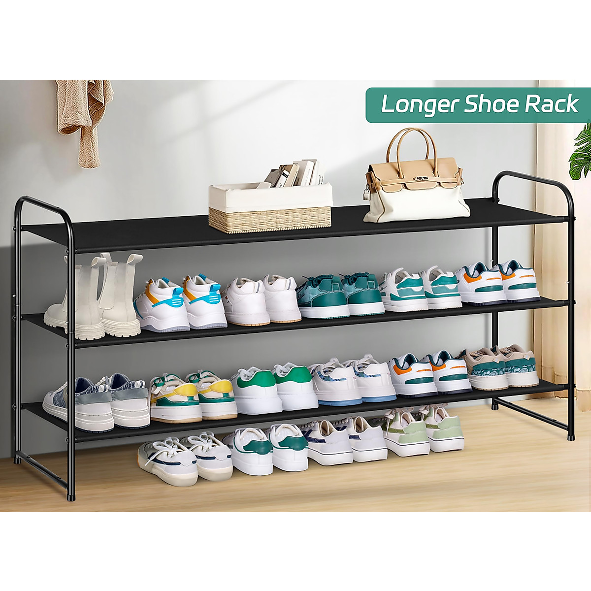 AOODA Long 3 Tier Shoe Rack for Closet Entryway, Stackable Wide Shoe Storage Organizer Holds 24 Pairs Sneaker Shelf for Bedroom, Floor, Garage, Dorm (Black)