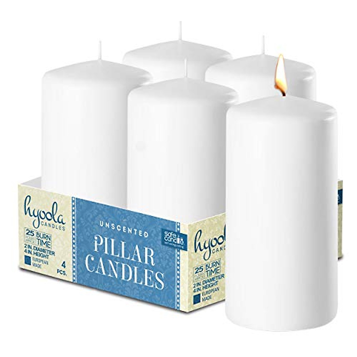 Hyoola White Pillar Candles 2-inch x 4-inch - Unscented Pillar Candles - Set of 4 - European Made
