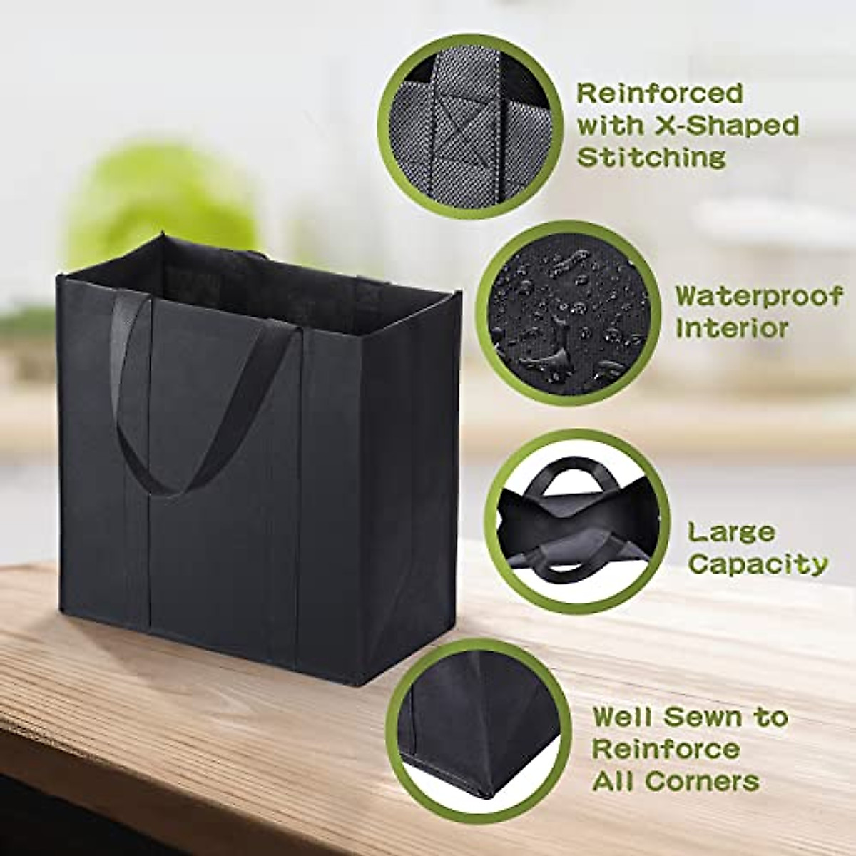 Kenning 20 Pack Reusable Grocery Bags Large Heavy Duty Shopping Bags Foldable Grocery Tote Bag with Reinforced Bottom and Sturdy Handles for Shopping Merchandise Events Parties, Black