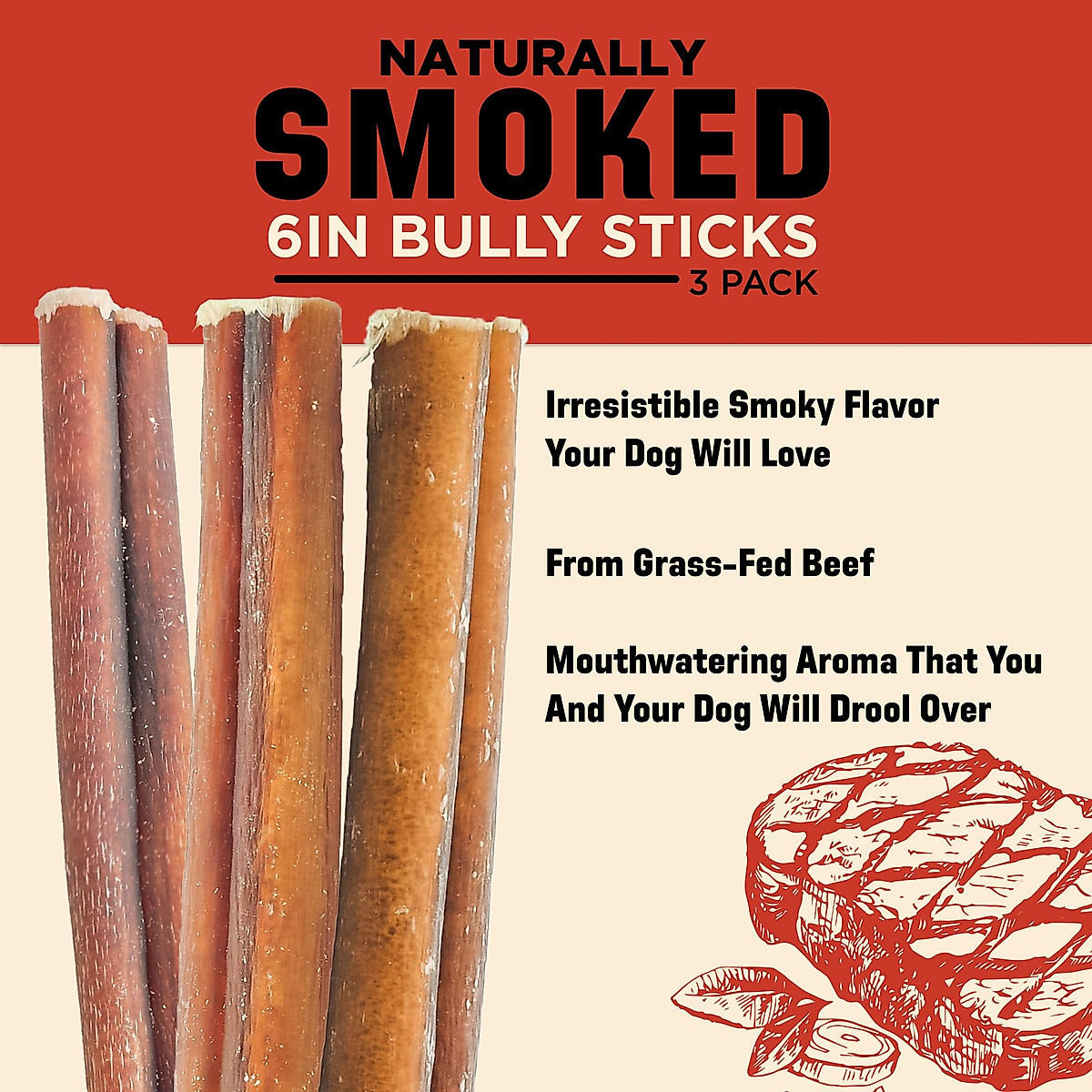 Barkworthies USA Hickory Smoked Bully Sticks 6 Inch 3-Pack - Amazing Aroma, Great Taste - All Natural Smoked Bully Sticks for Large Dogs