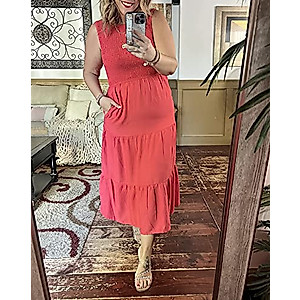 ZESICA Women's 2023 Summer Casual Sleeveless Crew Neck Smocked High Waist Flowy Tiered A Line Midi Dress,Watermelon,Medium