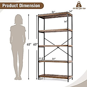 Tangkula 5-Tier Bookcase, Rustic Industrial Bookshelf, Décor Accent Display for Home, Office, Living Room, Bedroom, Wood Shelves w/Metal X-Shaped Frame, Display Bookshelf (Brown)