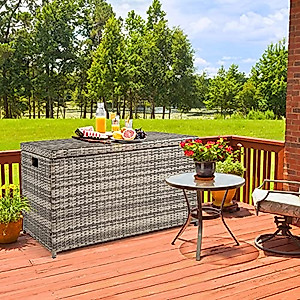 COSVALVE 130 Gallon Deck Box, Wicker Rattan Outdoor Storage Box, Patio Garden Furniture Container with Waterproof Cover for Outdoor Cushions & Pillows, Pool Toys, Garden Tools, Sports Equipment Supplies (Grey)
