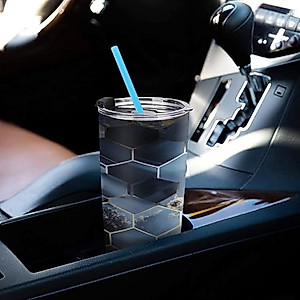 FHENMSA Reusable Plastic Water Cups with Lids,Blue Hexagons And Diamonds Print Anti-overflow Cup,sports Travel Coffee Cup