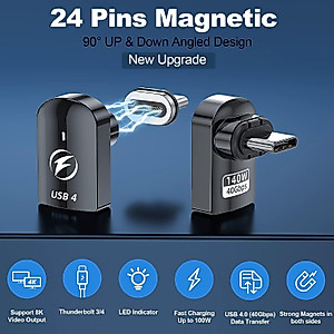 DuHeSin USB C Magnetic Adapter Right Angle, (1 Pack) 24 Pins with PD 140w USB4 40Gbps 8K 60Hz for Thunderbolt 3/4, MacBook Pro/Air, RoG Ally, Steam Deck, Swtich and More Type C Devices