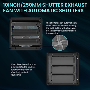 HG Power 10 Inch Shutter Exhaust Fan with Mesh Screen, 647CFM Low Noise Shed Exhaust Fan for Ventilation Use, 10" Silent Wall Mounted Extractor Fan for Basement, Gable, Chicken Coop, Black