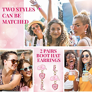 2 Pairs Cowboy Hat Earrings Cowgirl Earrings Western Jewelry Cowboy Boot Earrings Cute Jewelry Pink Heart Dangle Drop Cowgirl Jewelry Valentine's Day Gift for Women Girls Disco Country Party