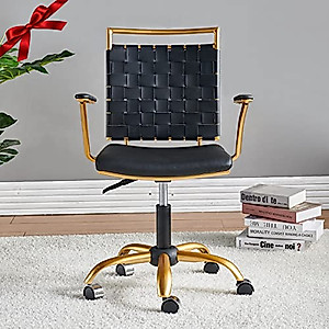 CAROCC Modern Leather Desk Chiar Gold and Black Office Chair Cute Desk Chiar Mid Back Conference Chairs with Wheels and Arms Comfortable Computer Swivel Task Chair(Black)