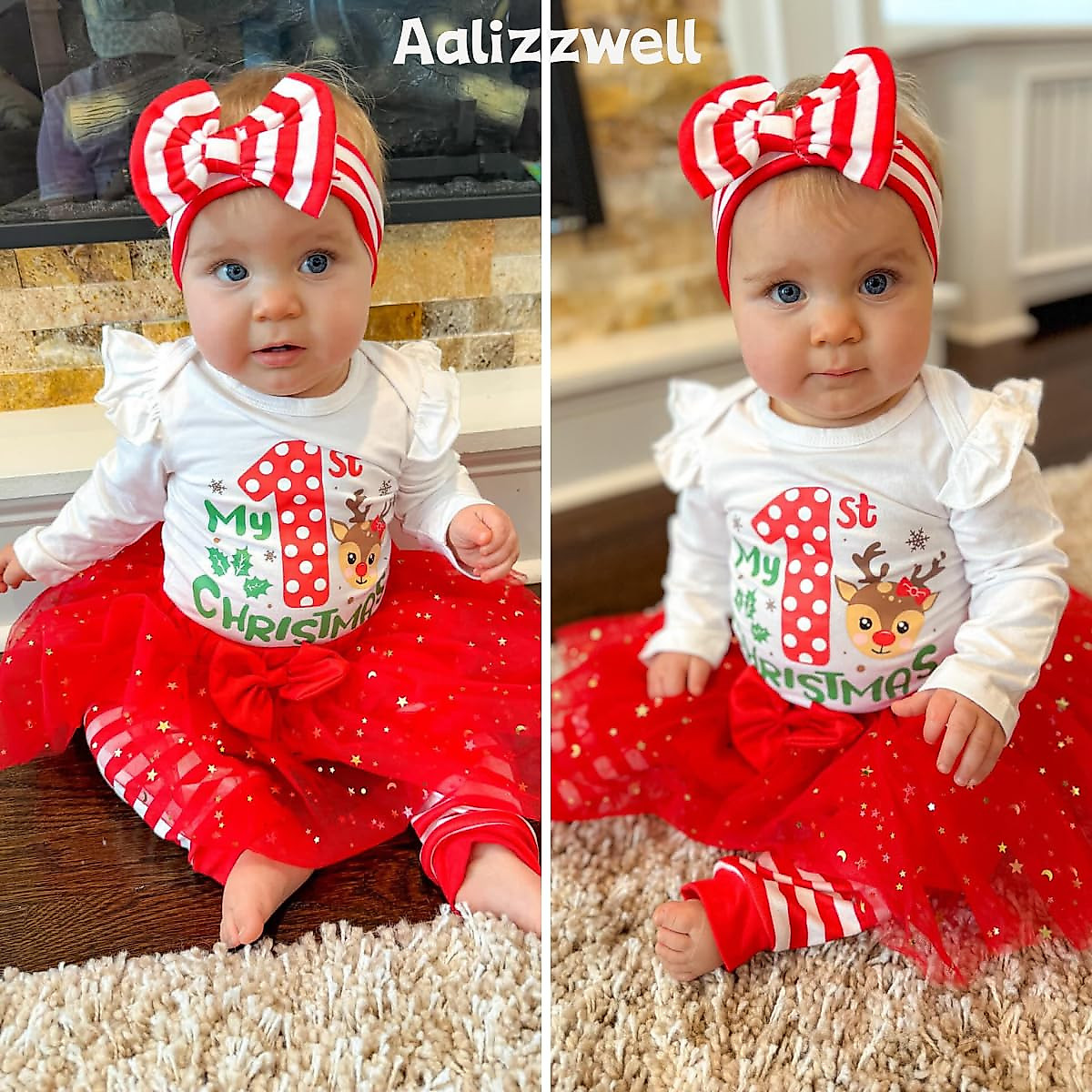 Aalizzwell 3-6 Months Baby Girls Christmas Clothes Infant My 1st Xmas Tulle Skirt Buffalo Plaid Outfit with Leg Warmers Clothing Deer Elk