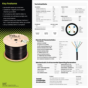 trueCABLE Cat6 Outdoor, Shielded F/UTP, 500ft, UV Resistant, CMX Rated, Black, 23AWG Solid Bare Copper, 550MHz, PoE++ (4PPoE), ETL Listed, Bulk Ethernet Cable