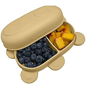 Kangookid Bear Silicone Suction Plate for Baby,Kid & Toddler-Fold-N-Go Baby Bowl with Lid- Divided Toddler Plate Fits Baby Highchair Tray-Silicone Plate Transforms into Food Container(Bear-Beige)