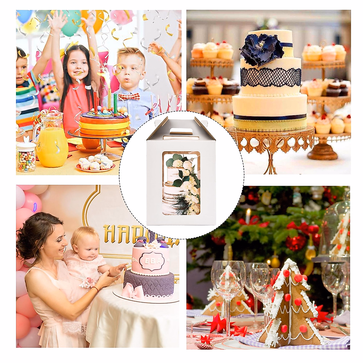 Hzzycaxli 12x12x14 Inch Tall Cake Boxes with windows,10in 12in Tall Cake Carrier, Large Tiered Cake Box,Durable White Bakery Box, Layer Cake Box, large cake box(2pack)